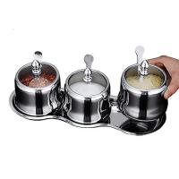 China 18/8 Stainless Steel Spice Jar Set 450ml Seasoning Condiment Canisters with Glass Lids for sale