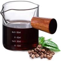 China Wooden Handle Borosilicate Glass Espresso Measuring Cup 3oz 90ml Heat Resistant for sale