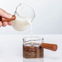 China Wooden Handle Borosilicate Glass Espresso Measuring Cup 3oz 90ml Heat Resistant for sale
