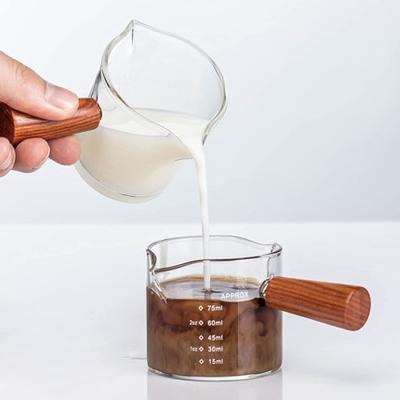 China Wooden Handle Borosilicate Glass Espresso Measuring Cup 3oz 90ml Heat Resistant for sale