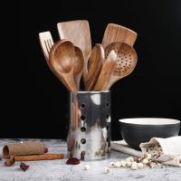 China Natural Teak Wood Nonstick Cooking Utensils Set 7 Piece Bamboo Kitchen Spoons for sale