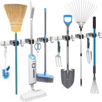 China 304 Stainless Steel Wall Mount Mop Broom Holder 3 Slots 4 Hooks 200 lbs Capacity for sale