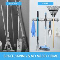 China 304 Stainless Steel Wall Mount Mop Broom Holder 3 Slots 4 Hooks 200 lbs Capacity for sale