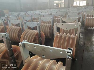 China 508 X 75 Mm Three Sheaves Transmission Line Mc Nylon Conductor Stringing Pilot Block for sale
