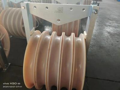 China 822mm Large Diameter Transmission Overhead Cable Roller Nylon Sheave Block Pulley With Three Wheels for sale