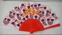 China Custom Logo Promotional Plastic Folding Hand Fan 23cm x 42cm Heat Transfer Printing for sale
