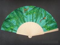 China 23cm Wooden Folding Hand Fan with Full Color Heat Transfer Printed Fabric for sale