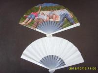 China 18cm Promotional Hand Fan Plastic Frame Double Sided Printed Paper 33cm Open for sale