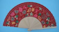 China Custom Wooden Hand Held Fan 23cm Folded 42cm Opened Printed Fabric Paper Promotional Gift for sale