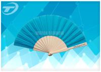 China Custom Wooden Hand Held Fan 23cm Folded 42cm Opened Printed Fabric Paper Promotional Gift for sale
