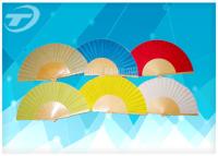 China Custom Wooden Hand Held Fan 23cm Folded 42cm Opened Printed Fabric Paper Promotional Gift for sale