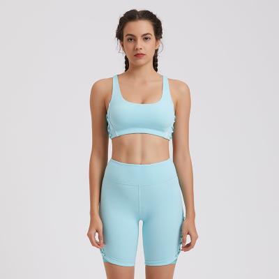 China Polyester Yoga Set Clothes Y Shape Bra High Waist Shorts Two Piece Workout Gym Leggings for sale