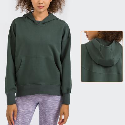 China Simple Yoga Casual Loose Drop Shoulder Pullover Hooded Sweater Women for sale
