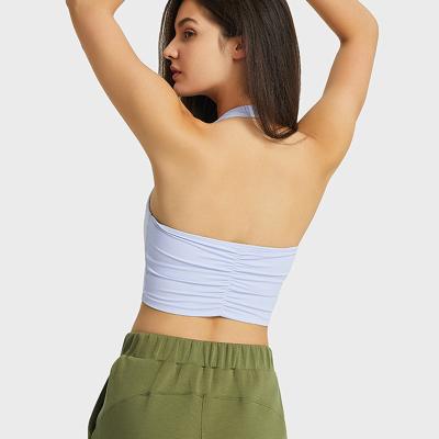 China Halter Neck Womens Sports Bra Sexy Pleated Back Crop Tops With Removable Pad for sale