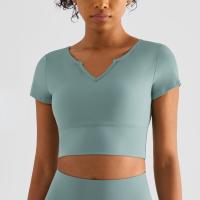 China Short Sleeve Padded V Neck Athletic Crop Tops Built In Bra Shirts for sale
