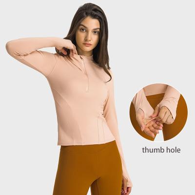 China Half Zipper Womens Stretch Riding Base Layer With Thumb Hole Double Sided Nylon Tops for sale