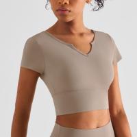 China Short Sleeve Padded V Neck Athletic Crop Tops Built In Bra Shirts for sale