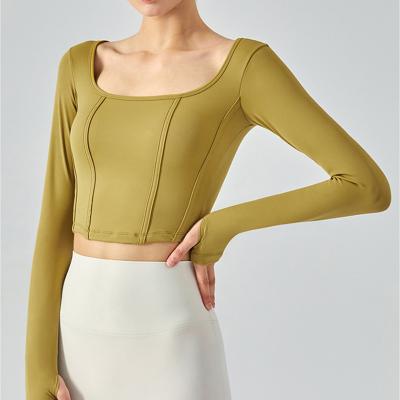 China Fishbone Square Neck Ladies Yoga Tops Nude Slim Customized Logo for sale