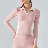 China Color Contrast Long Sleeve Polo Shirts Ladies Equestrian Top High Density for sale
