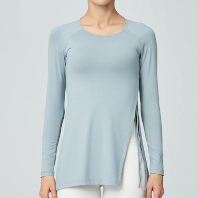 China One Side Pleated Women Yoga Tops Long Sleeve Split Sports Breathable for sale