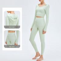 China High Waist Ribbed Yoga Clothes Women Long Sleeve  Hooded Crop Top Set for sale