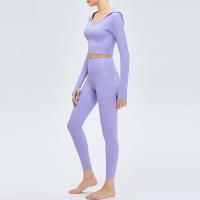 China High Waist Ribbed Yoga Clothes Women Long Sleeve  Hooded Crop Top Set for sale
