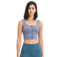 China Blue Grey Gathered Women's Sports Bra Front Zip Shockproof Gym Running Fitness Crop Top for sale