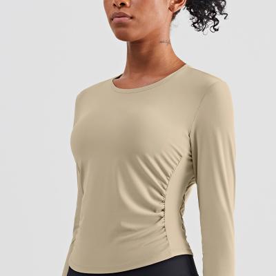 China Pleated Ladies Long Sleeve Yoga Tops Quick Dry Four Way Stretch Yoga T Shirts for sale