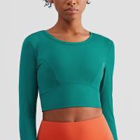 China Rib Striped Ladies Yoga Tops Active Stretch Fitness Long Sleeve Yoga Crop Top for sale