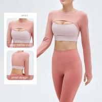 China Two Piece Ladies Yoga Tops Long Sleeve Hollow Out Running Crop Top With Bra for sale