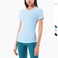 China Polyester Ladies Yoga Tops Naked Feeling Slim Short Sleeve Sports Tops for sale