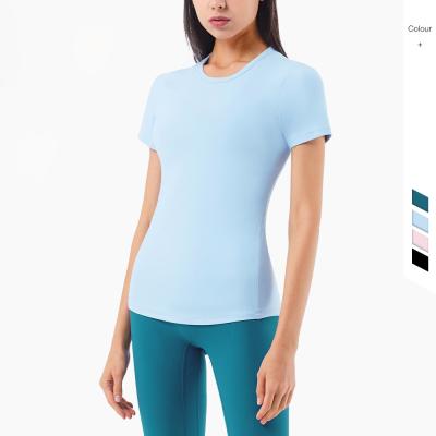 China Polyester Ladies Yoga Tops Naked Feeling Slim Short Sleeve Sports Tops for sale