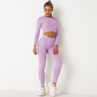 China Purple Seamless Yoga Set Clothes Running High Waist Ribbed Long Sleeve Top for sale