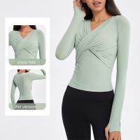 China Cross Folded Ladies Yoga Tops Long Sleeve V Neck Sports Shirts With Thumb Hole for sale