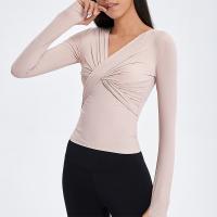 China Cross Folded Ladies Yoga Tops Long Sleeve V Neck Sports Shirts With Thumb Hole for sale