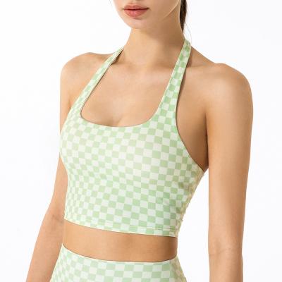 China Spring Plaid Hanging Neck Womens Sports Bra Fitness Yoga Vest for sale