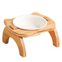 China Bamboo Stand Pet Ceramic Bowl 17x14x8.5cm 300ml Double Dog Bowl Set for sale