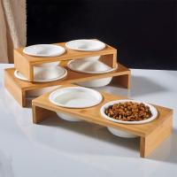 China Elevated Double Bowl Pet Feeder Ceramic Dog Bowls with Bamboo Wood Stand 300ml for sale