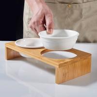 China Elevated Double Bowl Pet Feeder Ceramic Dog Bowls with Bamboo Wood Stand 300ml for sale