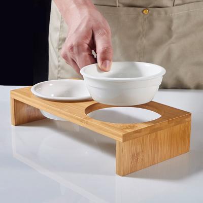 China Elevated Double Bowl Pet Feeder Ceramic Dog Bowls with Bamboo Wood Stand 300ml for sale