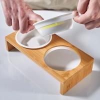 China Elevated Double Bowl Pet Feeder Ceramic Dog Bowls with Bamboo Wood Stand 300ml for sale