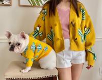 China Cactus Print Matching Pet Owner Sweaters Long Sleeve Knitted Cardigan Set S-2XL for sale
