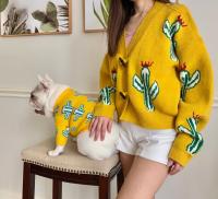 China Cactus Print Matching Pet Owner Sweaters Long Sleeve Knitted Cardigan Set S-2XL for sale