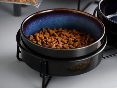 China Lead Free Ceramic Dog Bowl 400ml 850ml with Metal Stand Elevated Pet Feeding Set for sale