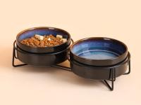 China Lead Free Ceramic Dog Bowl 400ml 850ml with Metal Stand Elevated Pet Feeding Set for sale