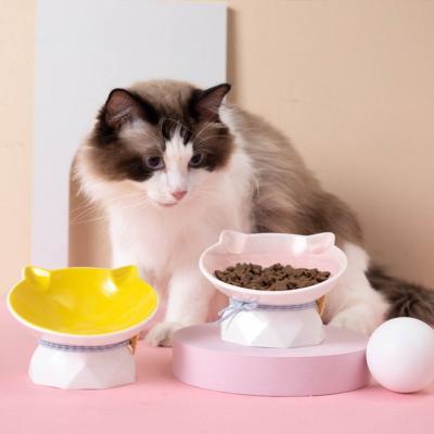 China Ceramic Cat Ears Elevated Pet Bowl 20 Degree Tilted Macaron Color Dog Bowl 5.1x6.1x3.5 Inch for sale