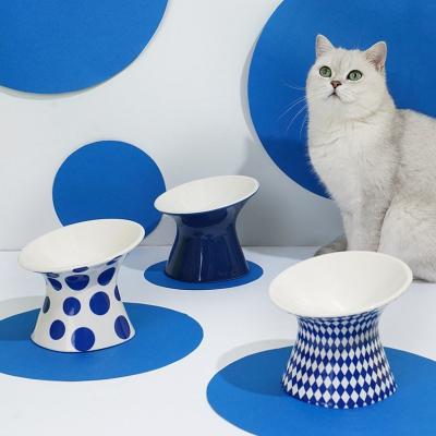 China Blue Diamond Ceramic Cat Dog Bowl 5.3in 6.5in Slow Feeder Non Skid Easy Clean for sale