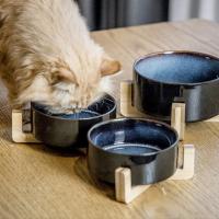 China Ceramic Pet Bowl Slow Feeder 29oz with Wooden Stand Starry Sky Design for sale