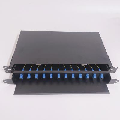 China 12 Ports 19 Inch Rack Mount Fiber Optic Patch Panel with Drawer Sliding 485x300x1U Design for sale