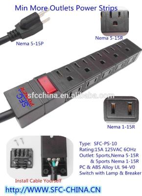 China USA Nema 5-15R and Nema 1-15R Power Strip with 10 Outlets 15A 125V for sale